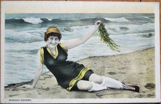 Swimsuit/Pinup Lonesome ?? Bathing Beauty On A Beach Linen Postcard ...