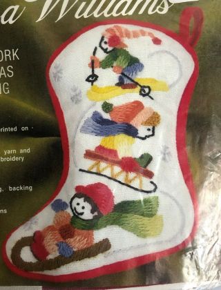 Vintage Elsa Williams Christmas Crewel Work Stocking Embroidery Kit Ski ...