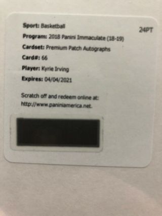 2018 - 19 Immaculate Kyrie Irving Premium Patch Auto Card | #18069673