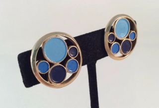 Vintage CROWN TRIFARI 60’s Gold Tone Round Shades Of Blue Mod Clip On ...