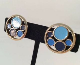 Vintage CROWN TRIFARI 60’s Gold Tone Round Shades Of Blue Mod Clip On ...